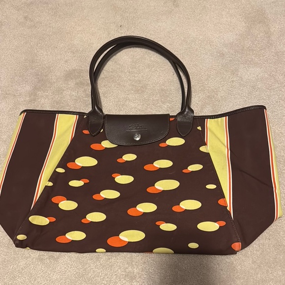 Longchamp | Bags | Longchamp Brown And Yellow Polka Dot Tote | Poshmark